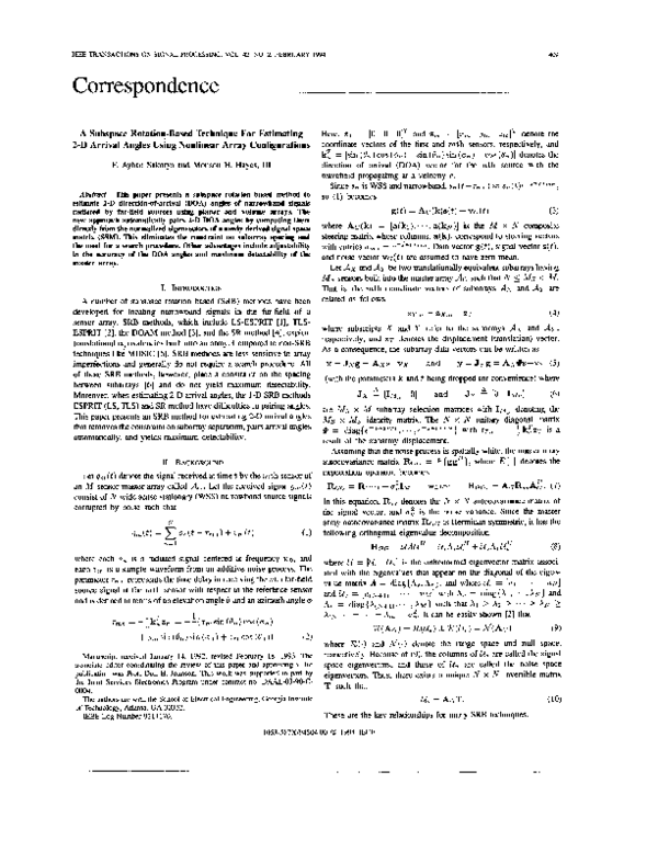 Pdf A Subspace Rotation Based Technique For Estimating 2 D Arrival Angles Using Nonlinear
