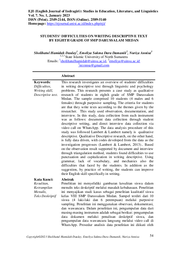 (PDF) Student’s Difficulties on Writing Descriptive Text