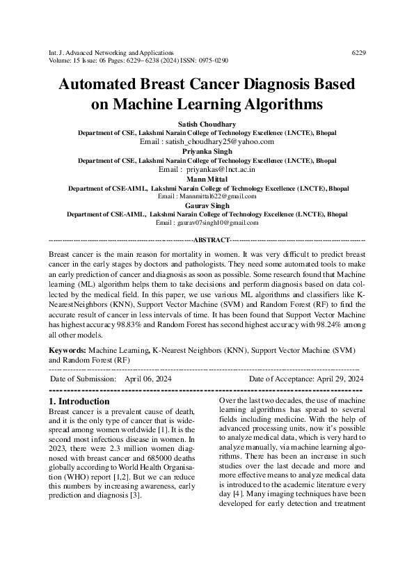 (PDF) Automated Breast Cancer Diagnosis Based on Machine Learning Algorithms