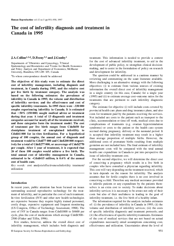 (PDF) The cost of infertility diagnosis and treatment in Canada in 1995 | David Feeny - Academia.edu