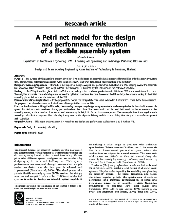 (PDF) A Petri net model for the design and performance evaluation of a flexible assembly system