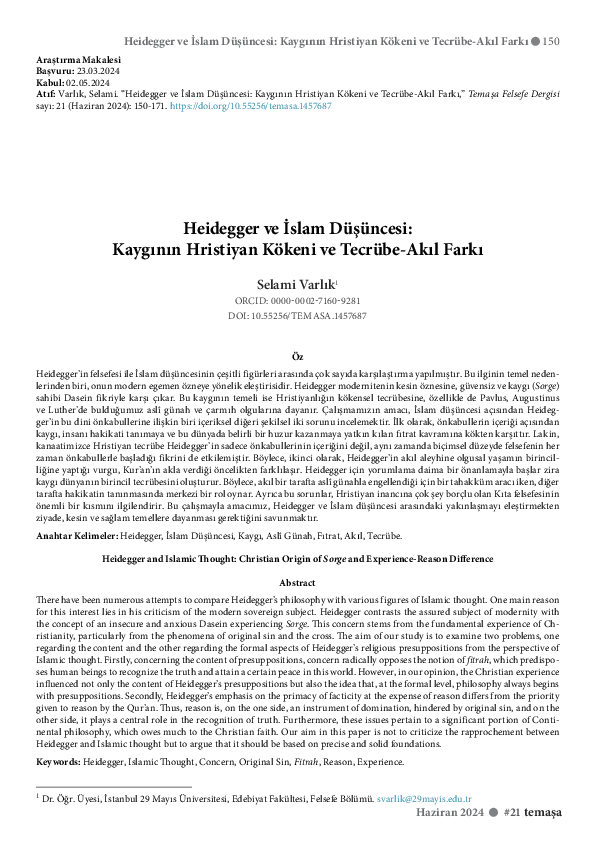 (PDF) Heidegger ve İslam Düşüncesi: Kaygının Hristiyan Kökeni ve ...