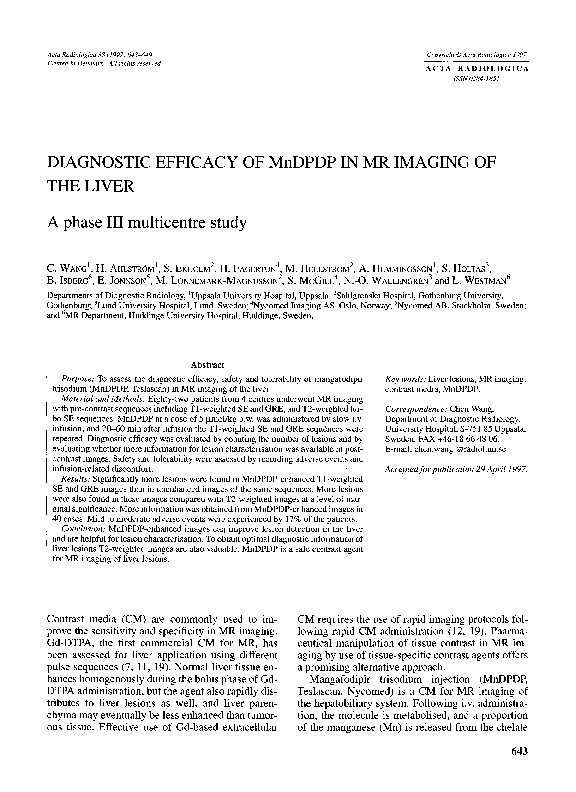 (PDF) Diagnostic efficacy of MnDPDP in MR imaging of the liver | Bengt ...