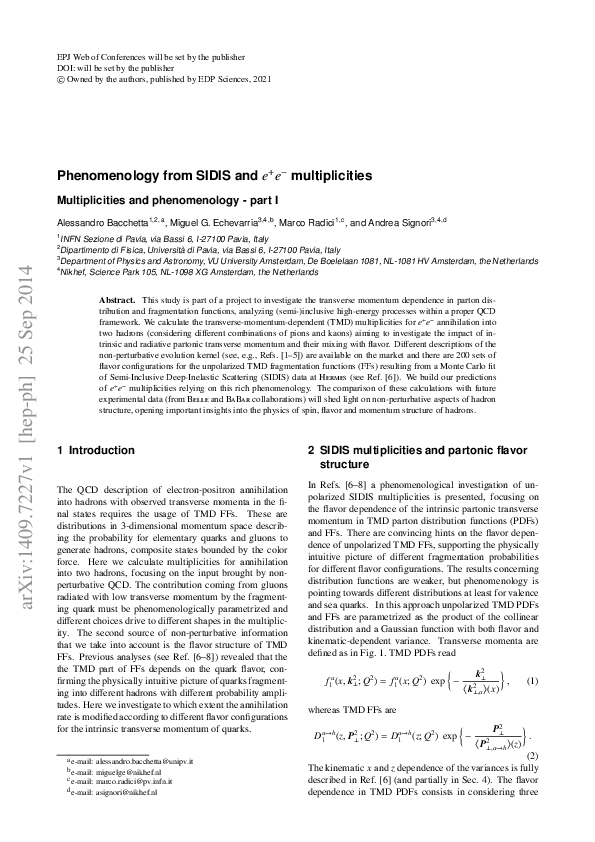 (PDF) Phenomenology from SIDIS and $e^+e^-$ multiplicities