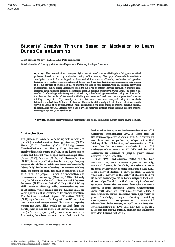 (PDF) Students’ Creative Thinking Based on Motivation to Learn During ...