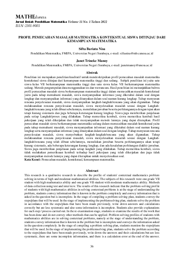(PDF) Profil Pemecahan Masalah Matematika Kontekstual Siswa Ditinjau Dari Kemampuan Matematika