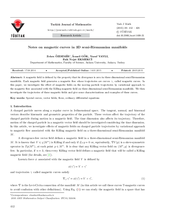 (PDF) Notes on magnetic curves in 3D semi-Riemannian manifolds | Zehra ...