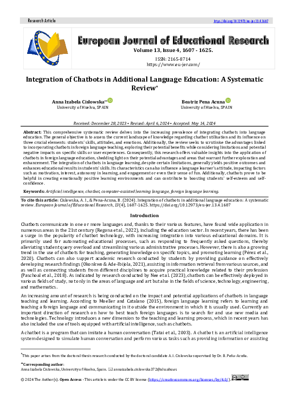 (PDF) Integration of Chatbots in Additional Language Education: A Systematic Review