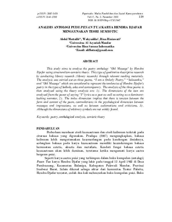 (PDF) Analisis Antologi Puisi Pesan Tua Karya Hendra Djafar Menggunakan Teori Semiotic