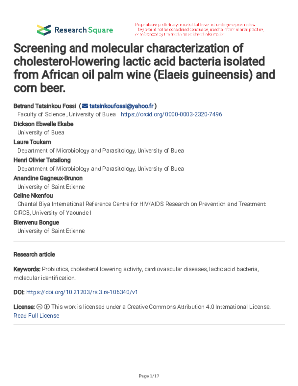 (PDF) Screening and molecular characterization of cholesterol-lowering lactic acid bacteria ...