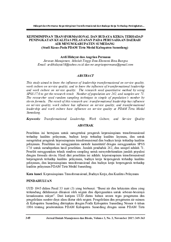 (PDF) KEPEMIMPINAN TRANSFORMASIONAL DAN BUDAYA KERJA TERHADAP ...