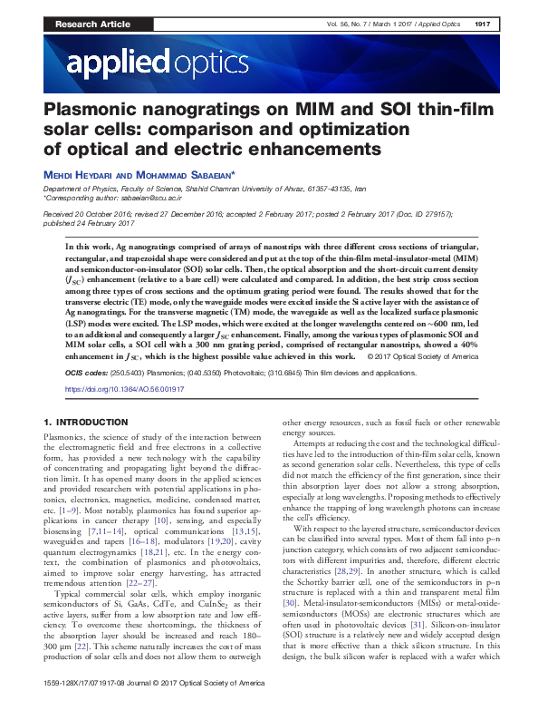 (PDF) Plasmonic nanogratings on MIM and SOI thin-film solar cells ...