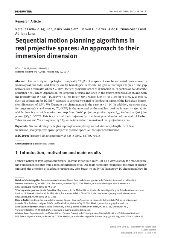 (PDF) Sequential motion planning algorithms in real projective spaces: An approach to their ...