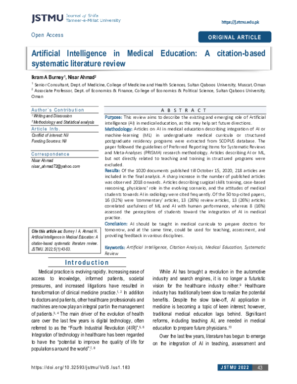 (PDF) Artificial Intelligence in Medical Education: A citation-based ...