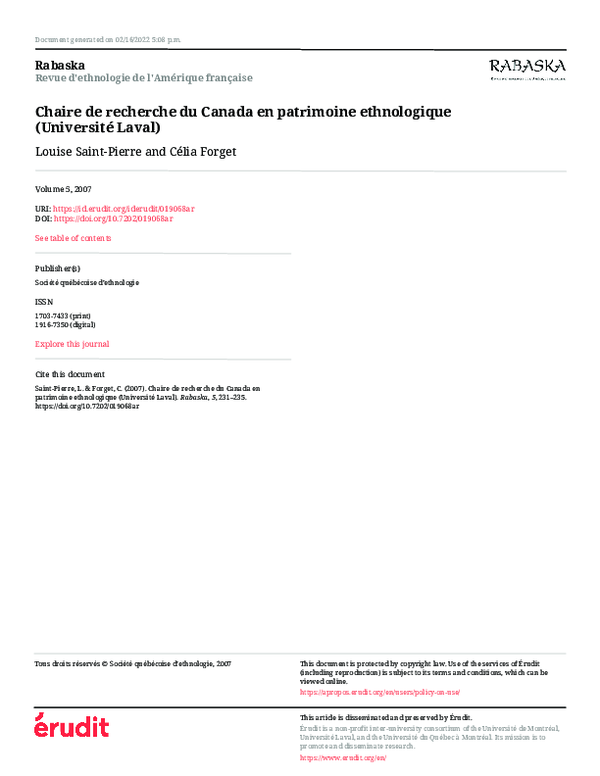 (PDF) Chaire de recherche du Canada en patrimoine ethnologique ...