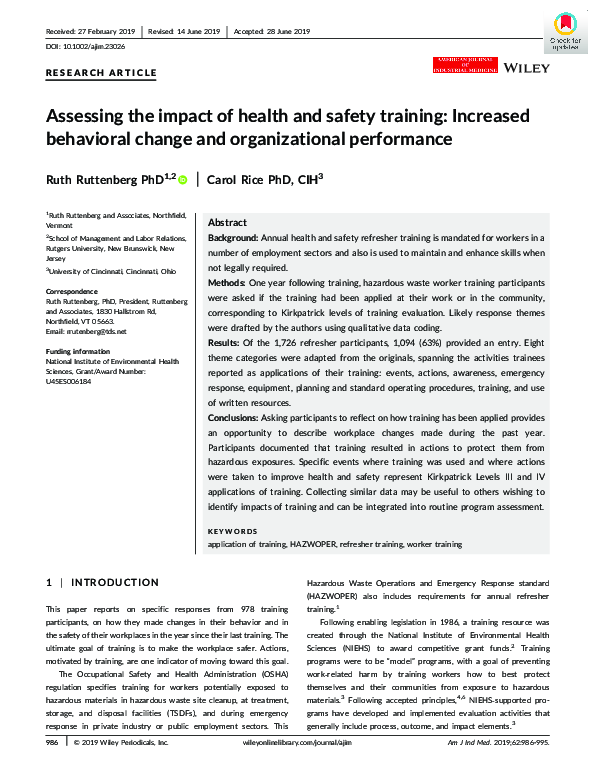 (PDF) Assessing the impact of health and safety training: Increased ...