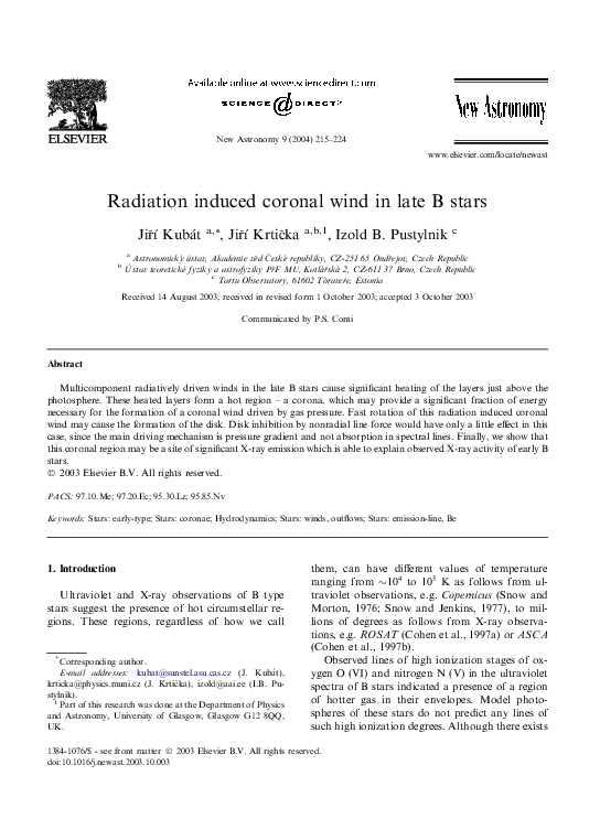 (PDF) Radiation induced coronal wind in late B stars