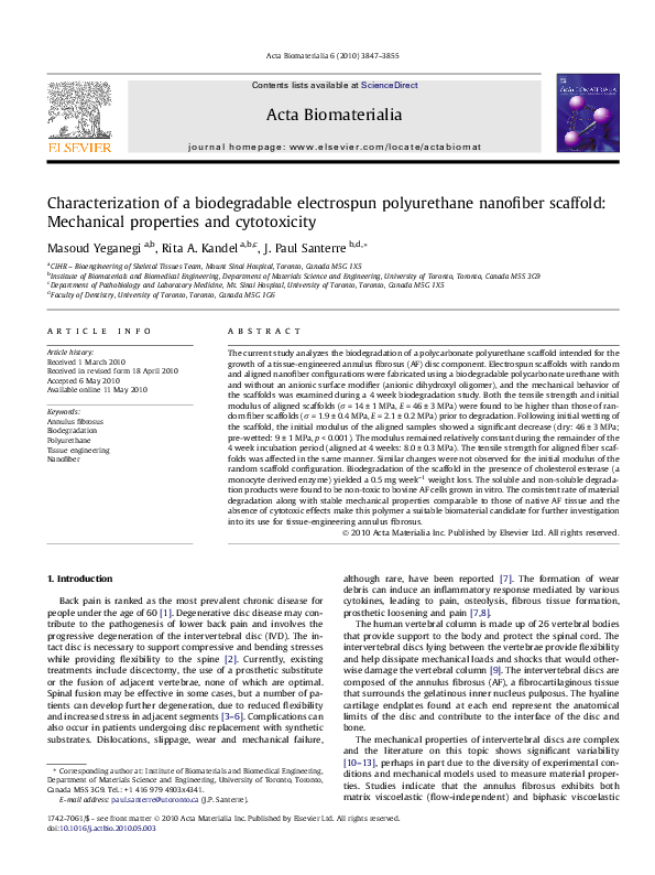 (PDF) Characterization of a biodegradable electrospun polyurethane nanofiber scaffold ...