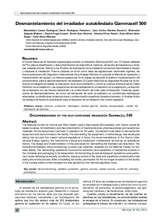 (PDF) Decommissioning of the self-contained irradiator Gammacell 500
