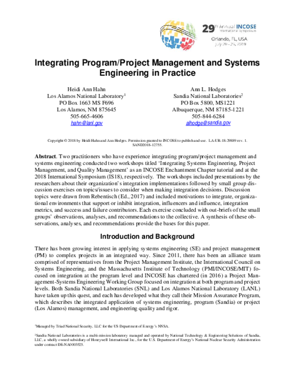 (PDF) Integrating Program/Project Management and Systems Engineering in ...