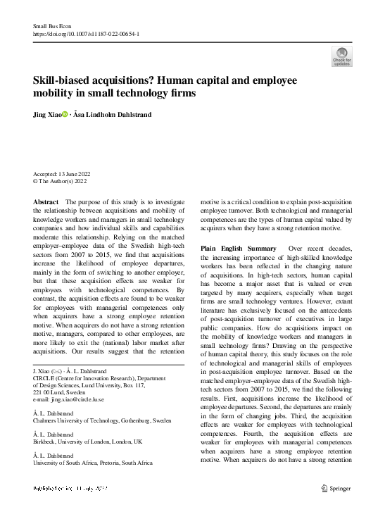 (PDF) Skill-biased acquisitions? Human capital and employee mobility in small technology firms