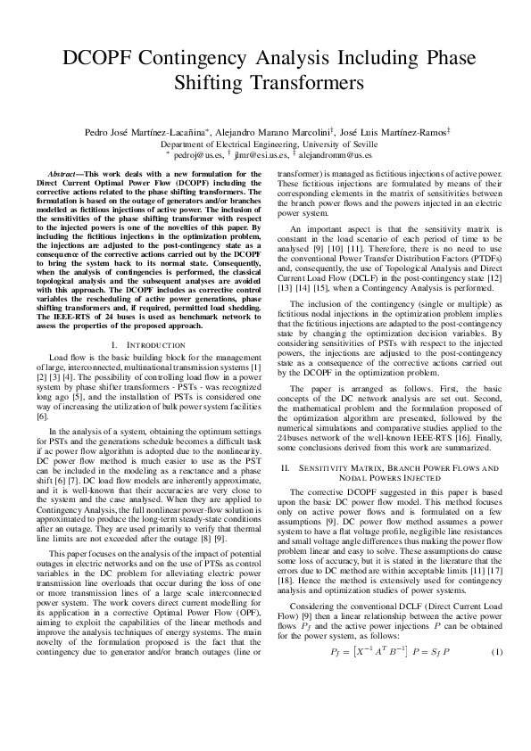 (PDF) DCOPF contingency analysis including phase shifting transformers