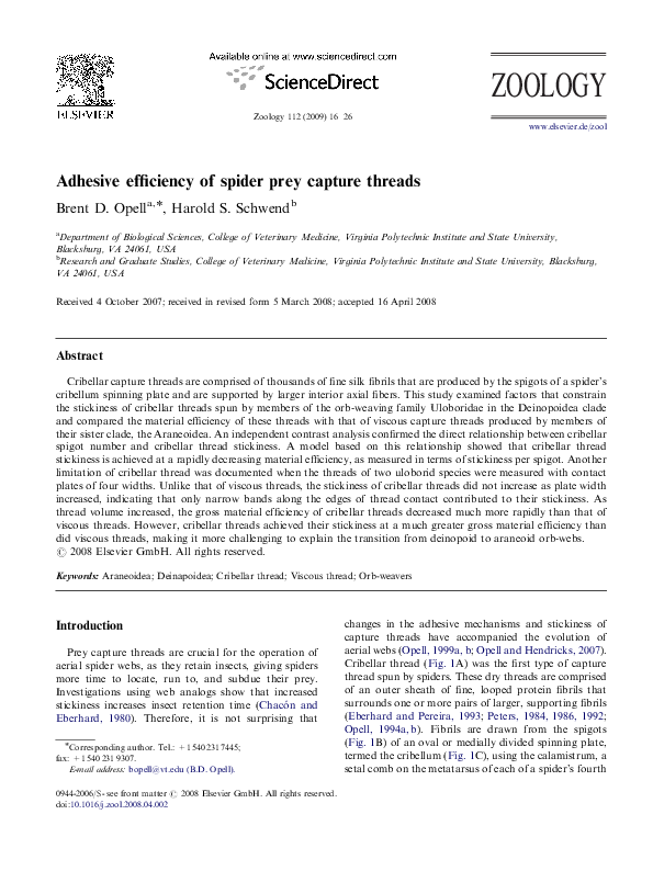 (PDF) Adhesive efficiency of spider prey capture threads