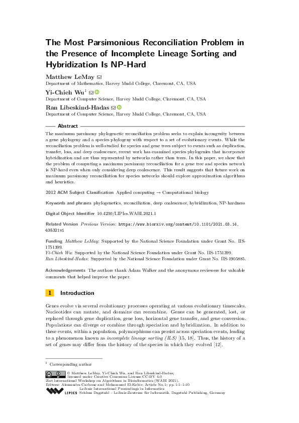 (PDF) The Most Parsimonious Reconciliation Problem in the Presence of ...