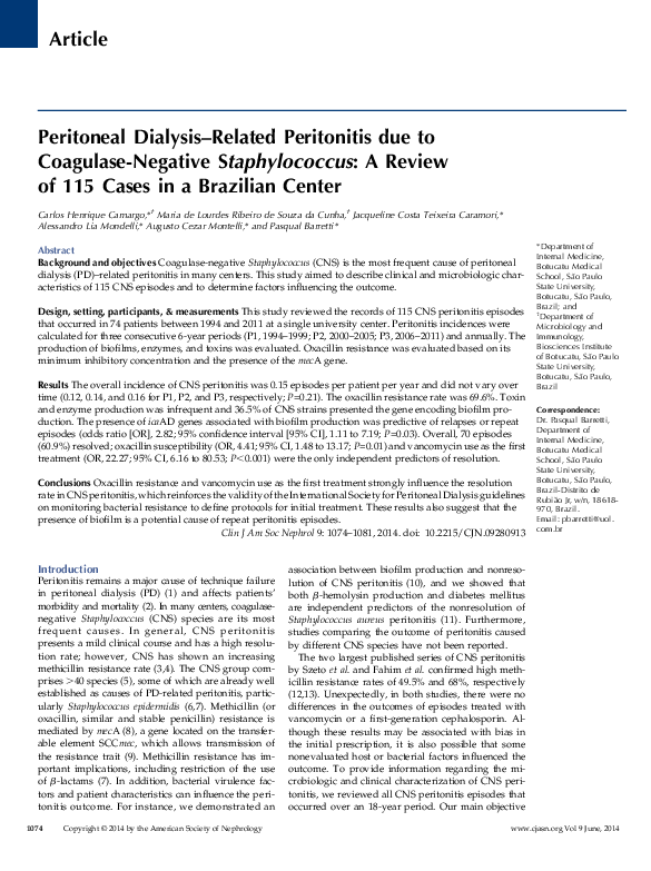 (PDF) Peritoneal Dialysis–Related Peritonitis due to Coagulase-Negative ...