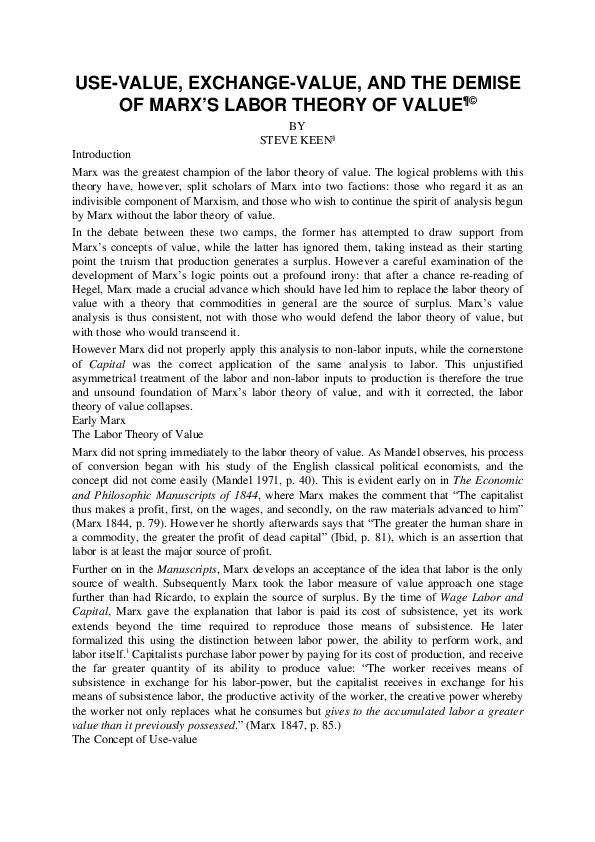 (PDF) Use-Value, Exchange Value, and the Demise of Marx's Labor Theory ...