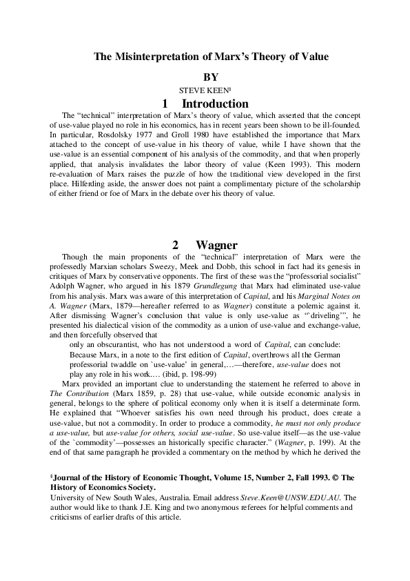 (PDF) The Misinterpretation of Marx's Theory of Value