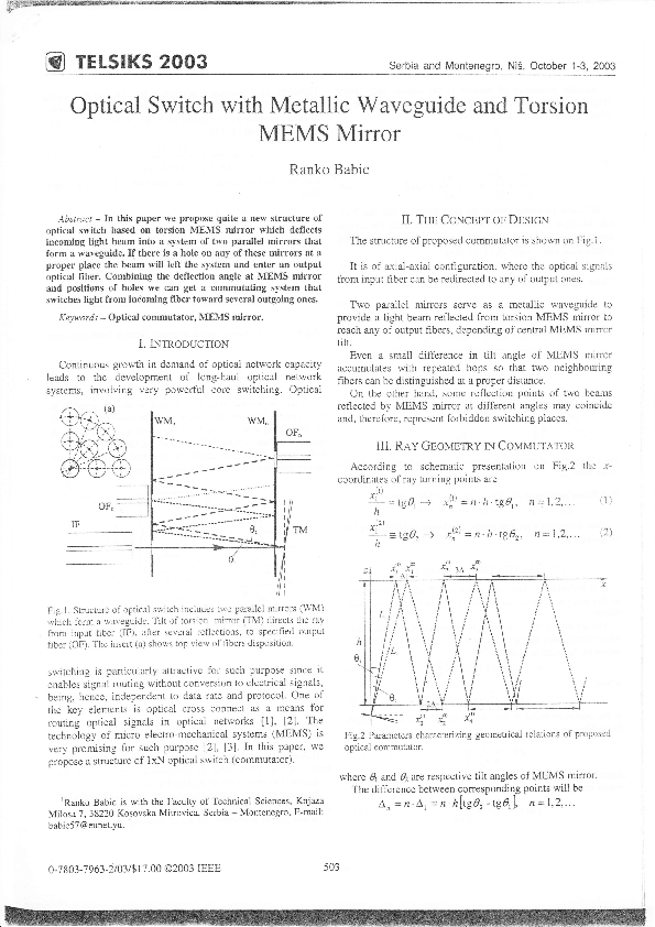(PDF) Optical switch with metallic waveguide and torsion MEMS mirror