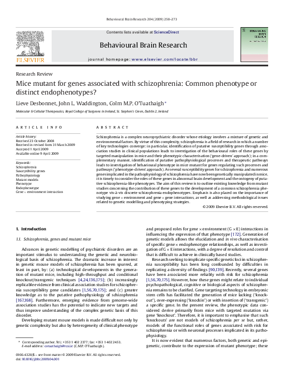 (PDF) Mice mutant for genes associated with schizophrenia: Common ...