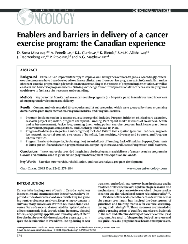 (PDF) Enablers and Barriers in Delivery of a Cancer Exercise Program ...