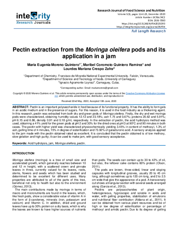 Pdf Pectin Extraction From The Moringa Oleifera Pods And Its