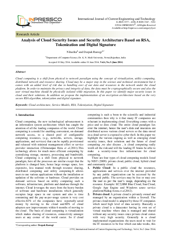 (PDF) Analysis of Cloud Security Issues and Security Architecture Based on RSA, Tokenization and ...