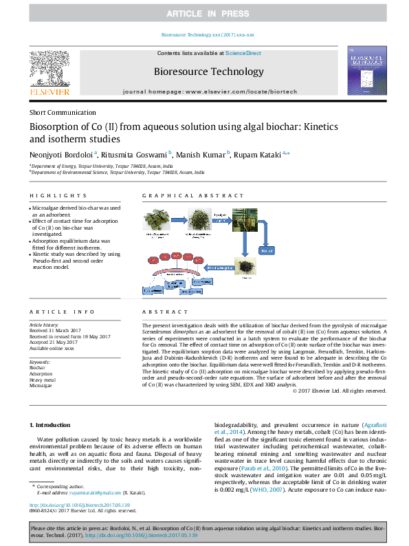 (PDF) Biosorption of Co (II) from aqueous solution using algal biochar: Kinetics and isotherm ...