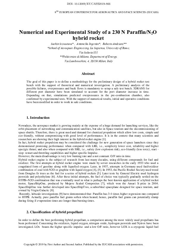 (PDF) Numerical and Experimental study of a 230 N Paraffin/N2O hybrid ...