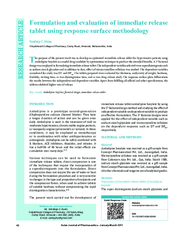 Pdf Formulation And Evaluation Of Immediate Release Tablet Using Response Surface Methodology