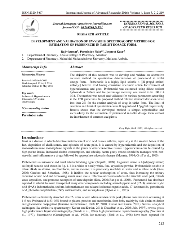 Pdf Development And Validation Of Uv Visible Spectroscopic Method For Estimation Of Probenecid