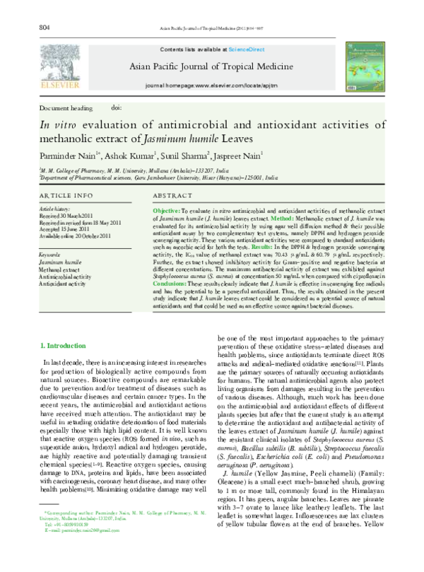 (PDF) In vitro evaluation of antimicrobial and antioxidant activities of methanolic extract of ...