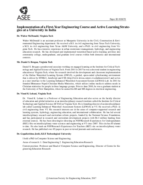 (PDF) Implementation of a First-Year Engineering Course and Active Learning Strategies at a ...