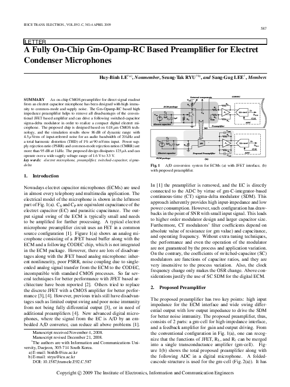 (PDF) A Fully On-Chip Gm-Opamp-RC Based Preamplifier for Electret ...