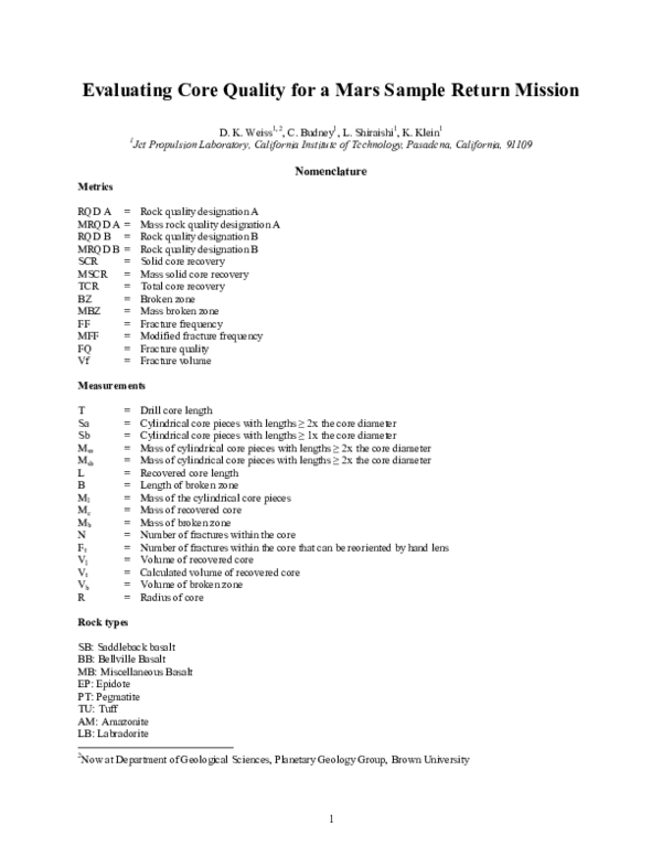 (PDF) Evaluating core quality for a Mars Sample Return Mission