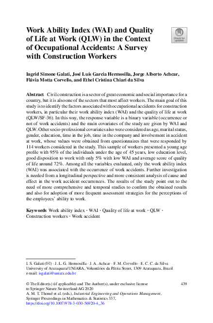 (PDF) Work Ability Index (WAI) and Quality of Life at Work (QLW) in the ...