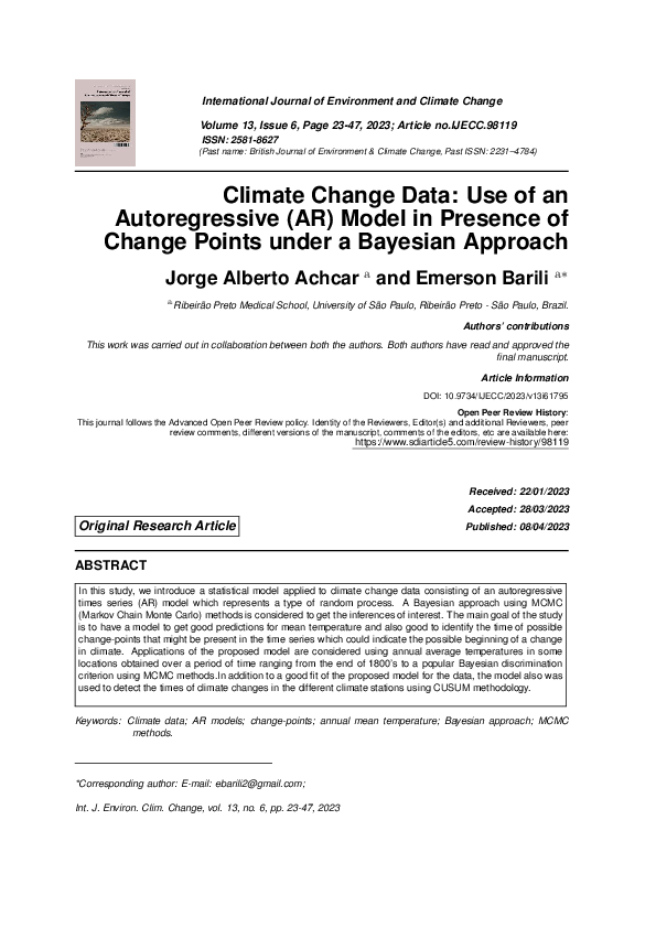 (PDF) Climate Change Data: Use of an Autoregressive (AR) Model in Presence of Change Points ...