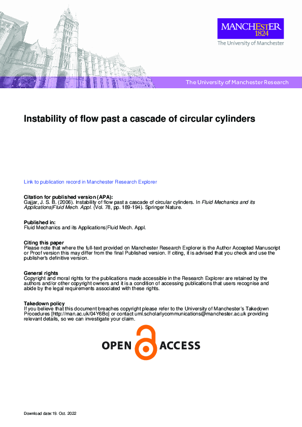 (PDF) Instability of Flow Past a Cascade of Circular Cylinders