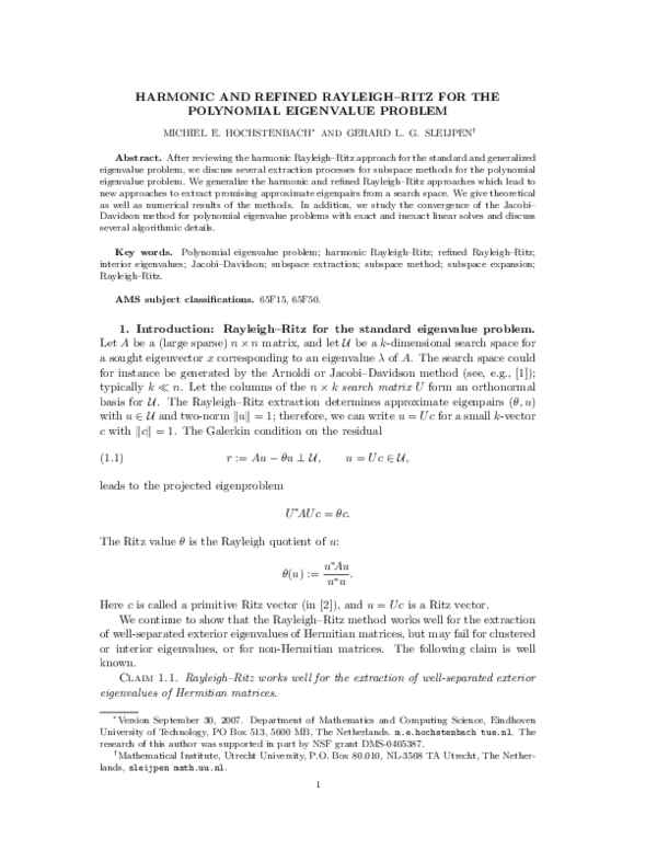 (PDF) Harmonic and refined Rayleigh–Ritz for the polynomial eigenvalue problem