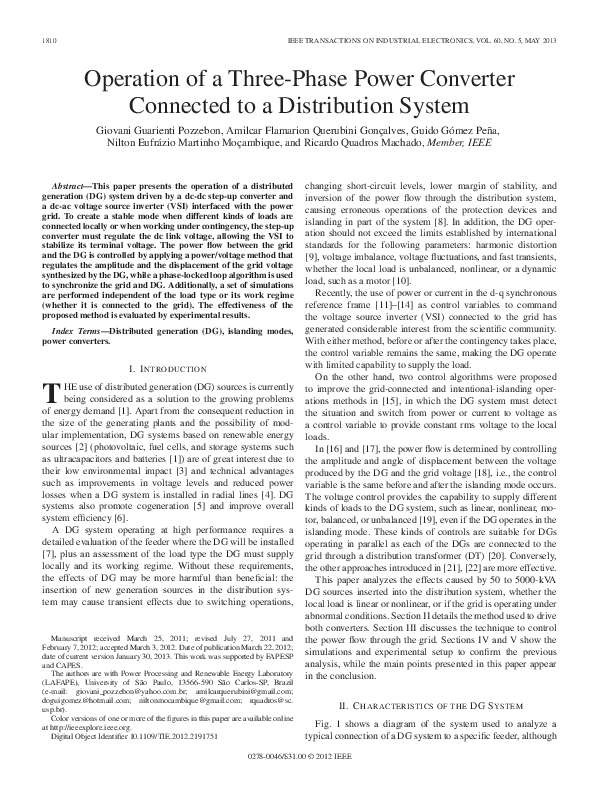 (PDF) Operation of a Three-Phase Power Converter Connected to a Distribution System