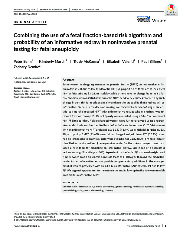 (PDF) Combining the use of a fetal fraction‐based risk algorithm and probability of an ...